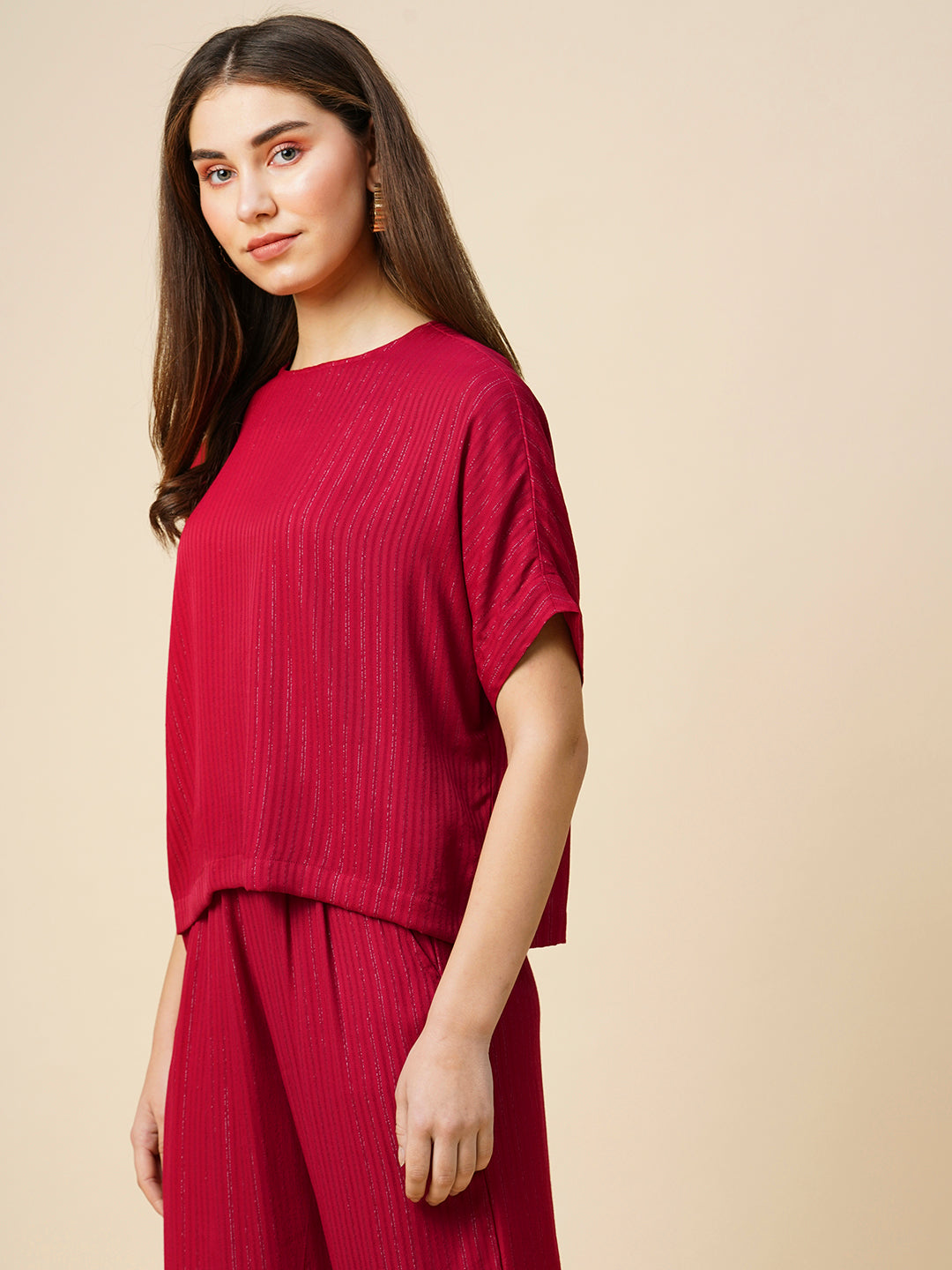 Buy Now Chemistry Viscose Crepe Striped Lurex Drop Shoulder Boxy Crop Top