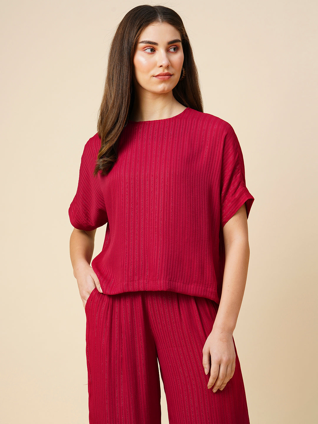 Buy Now Chemistry Viscose Crepe Striped Lurex Drop Shoulder Boxy Crop Top