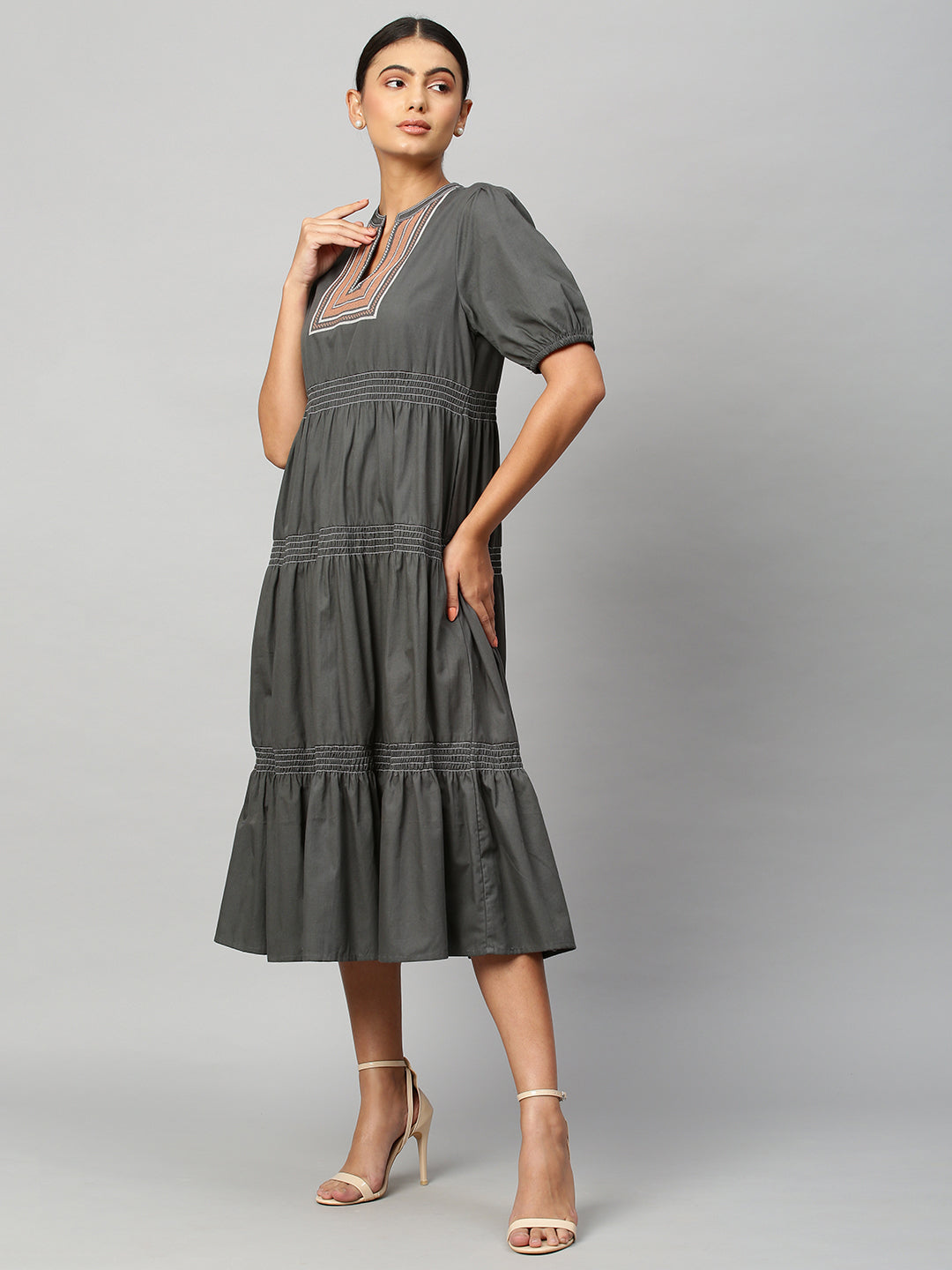 Buy Now Chemistry Cotton Poplin Embroidered Yoke Tiered Dress